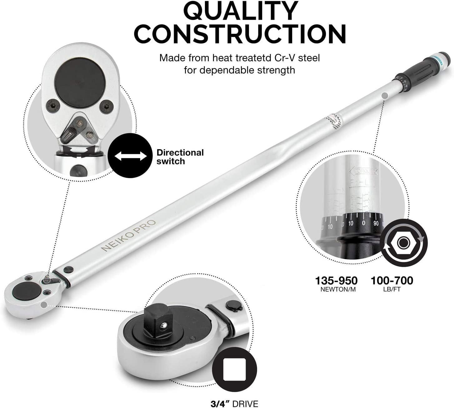 NEIKO PRO 03710B 3/4-Inch-Drive Adjustable SAE Torque Wrench with Torq ...