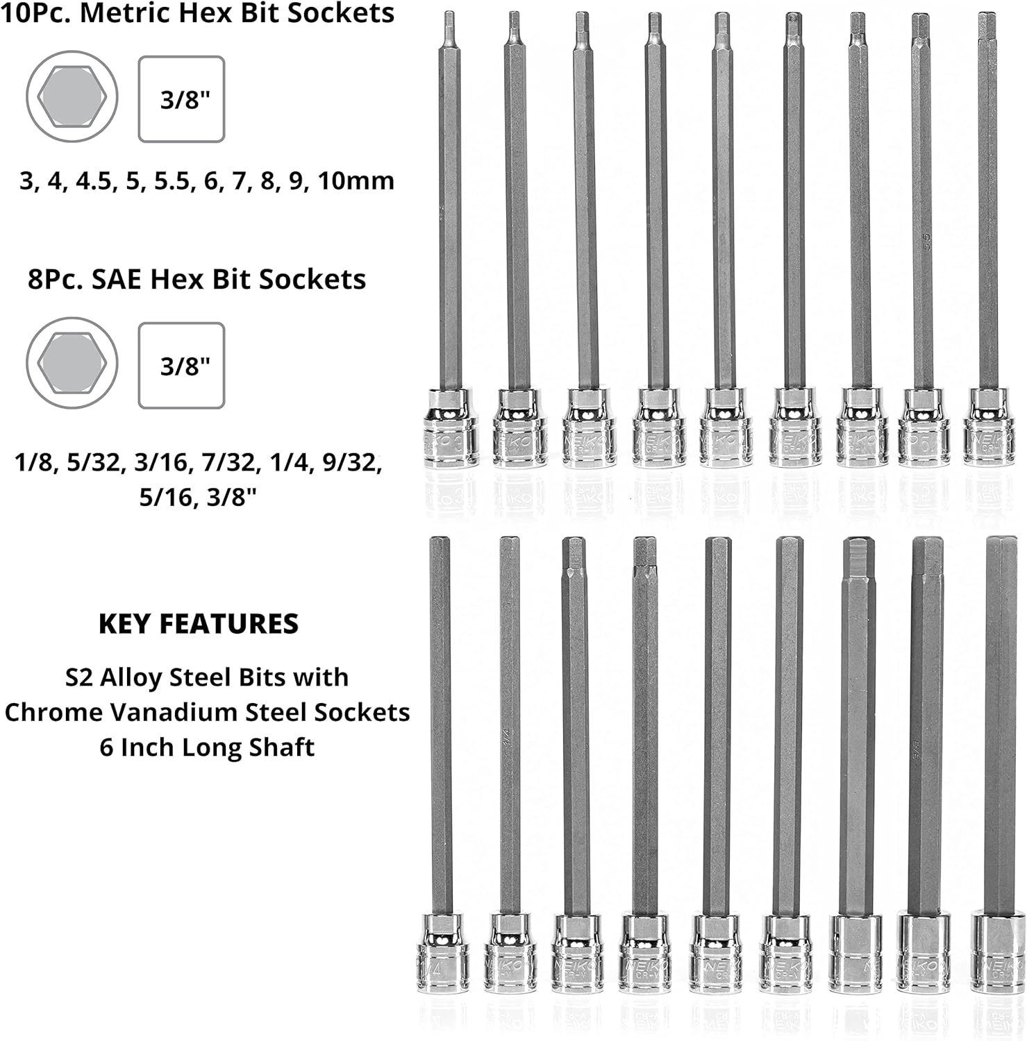 Neiko 10079A Extra Long Allen Hex Bit Socket Set, 18 Piece SAE and Met ...